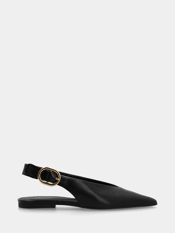 Black calfskin slingback with pointed toe and low heel | Guja Footwear